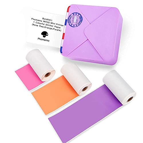 Phomemo M02S Mini Printer- Bluetooth Thermal Photo Printer with 3 Rolls Colorful Sticker Paper, Compatible with iOS + Android for Plan Journal, Study Notes, Art Creation, Work, Gift, Purple