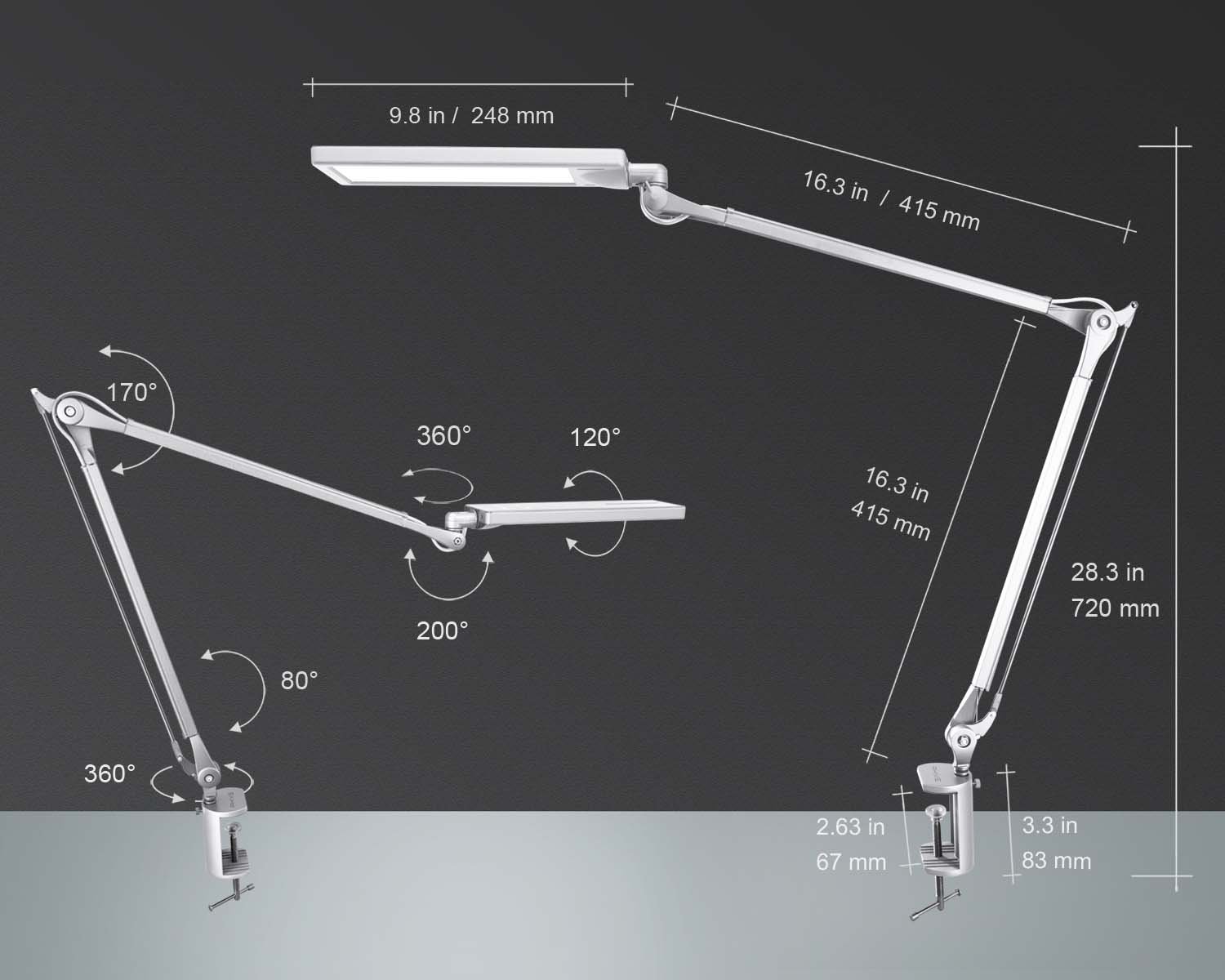 PHIVE LK-2 Architect Desk Lamp with Metal Swing Arm, Dimmable Workbench Lamp (4 Lighting Modes, 6 Brightness Levels), Eye-Caring Architect Task Table Light, Clamp on Desk Light for Office, Drawing