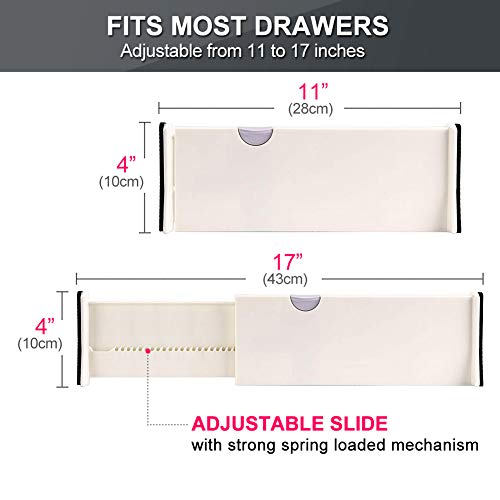 Drawer Dividers Organizer 4 Pack, Adjustable Separators 4" High Expandable from 11-17" for Bedroom, Bathroom, Closet,Clothing, Office, Kitchen Storage, Strong Secure Hold, Foam Ends, Locks in Place