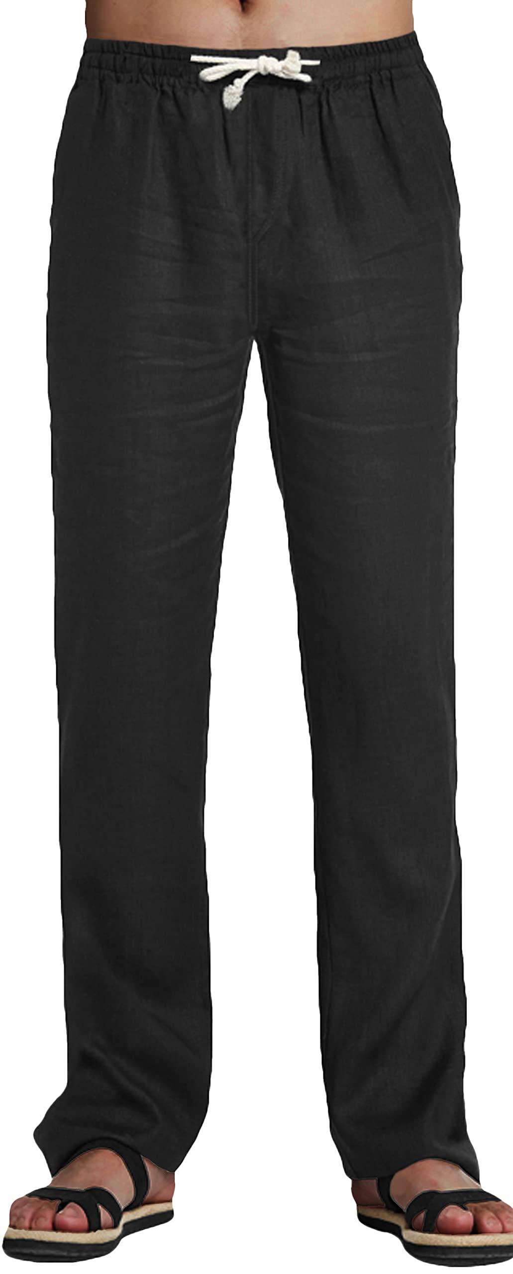 Youhan Men's Fitted Elastic Waistband Cotton Linen Pants with Drawstring (XX-Large, Black)