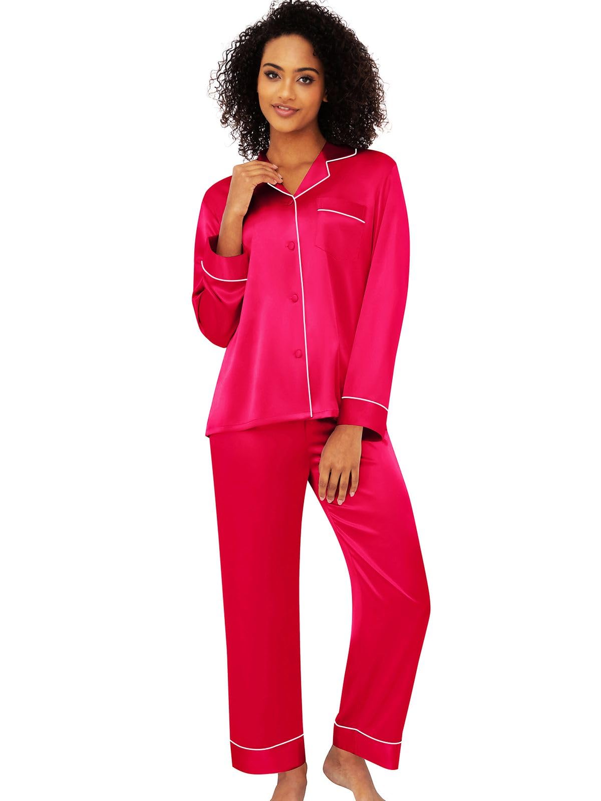 Womens Silk Satin Pajamas Set Sleepwear Loungewear Red 2XL
