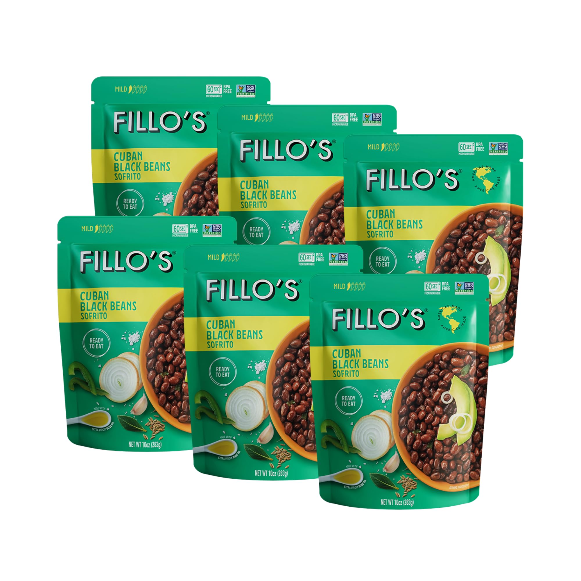 Fillo's Cuban Black Beans - Ready to Eat Beans, Gluten-Free, Preservative-Free, Microwavable Meals, Non-GMO, Plant Protein, Vegan Beans, 10 oz Pk of 6