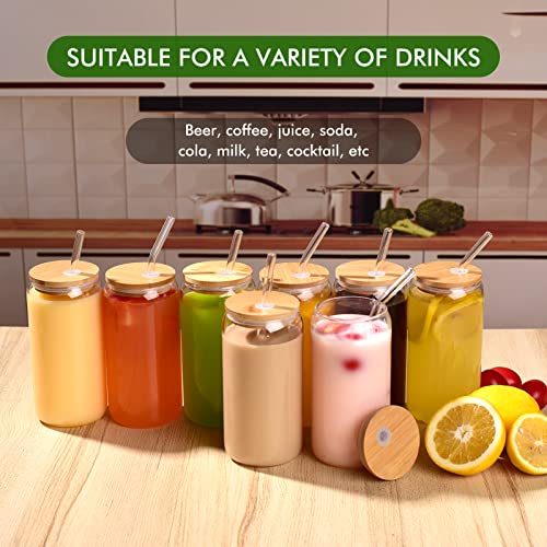 Naeety Glass Cups with Bamboo Lids and Glass Straw, Drinking Glasses Set of 4-16 Oz Beer Can Shaped Glass Cups, Iced Coffee Glasses, Tumbler Cup for Smoothie, Cocktail, Whiskey - 3 Cleaning Brushes