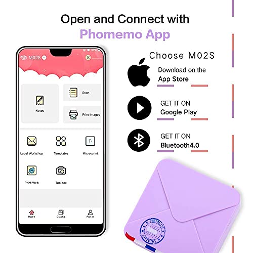 Phomemo M02S Mini Printer- Bluetooth Thermal Photo Printer with 3 Rolls Colorful Sticker Paper, Compatible with iOS + Android for Plan Journal, Study Notes, Art Creation, Work, Gift, Purple