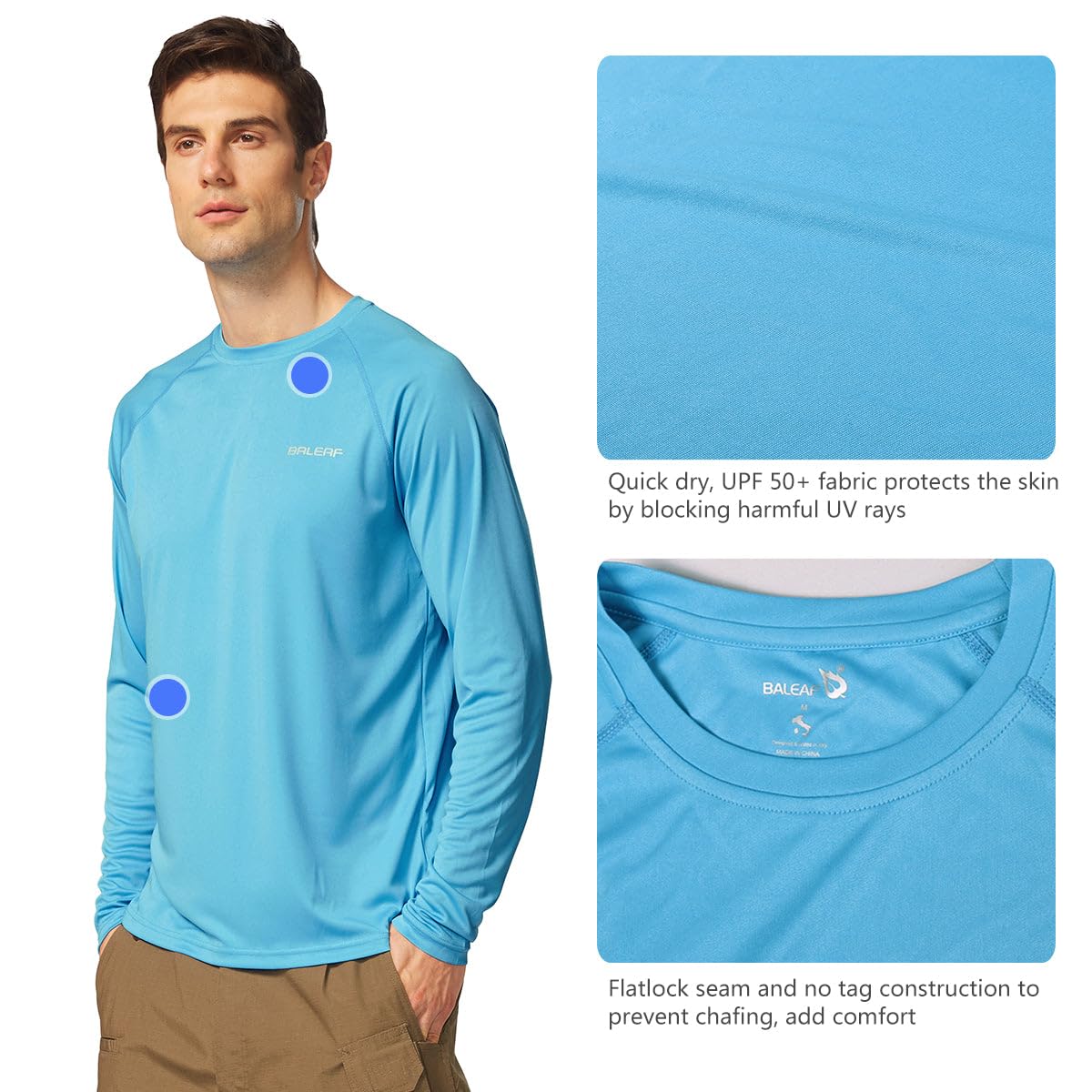 baleaf Men's Rash Guard Shirts Fishing Long Sleeve UV Sun Protection SPF T-Shirts UPF 50+ Lightweight Beach Blue Size XXL