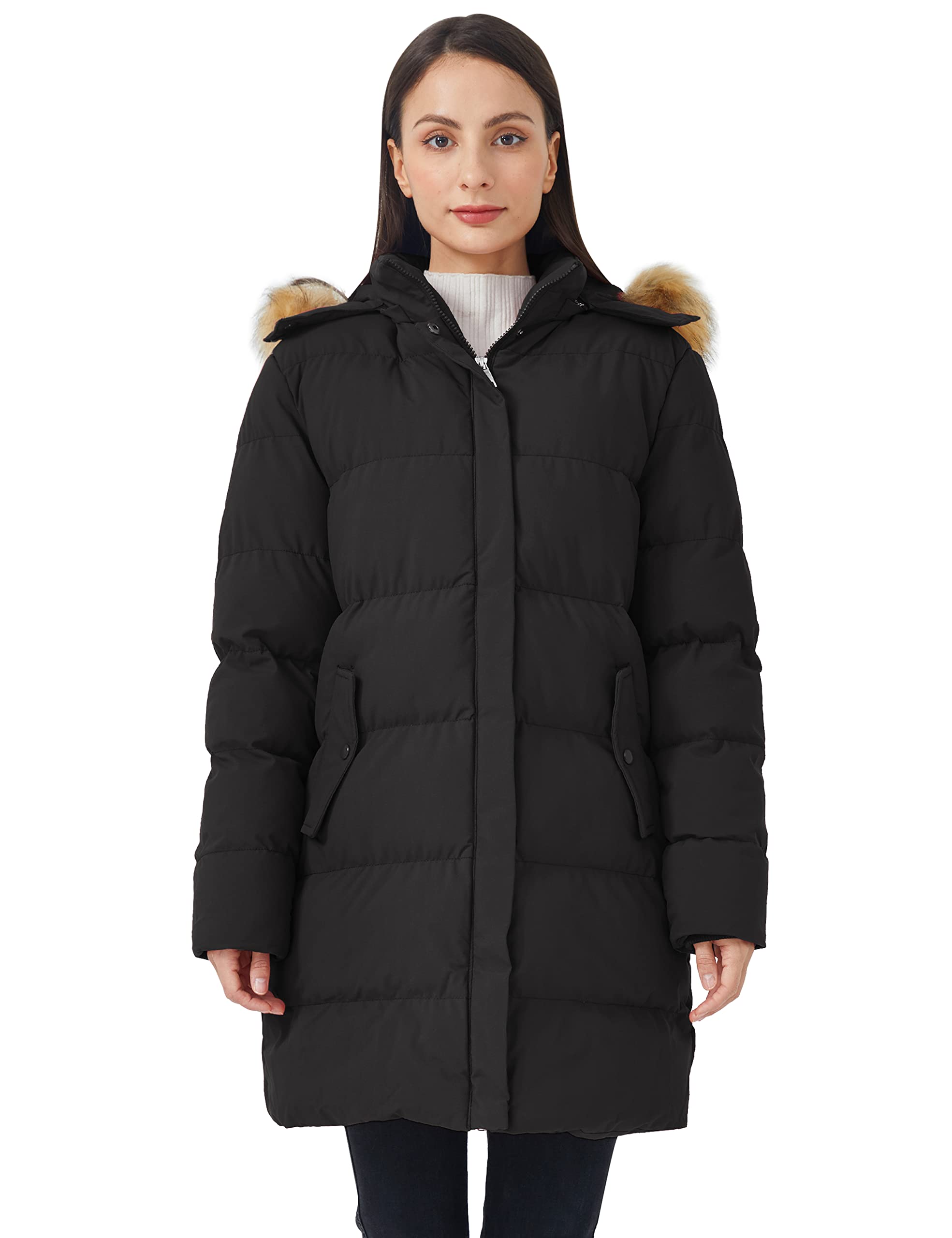 WenVen Women's Winter Thicken Warm Coat with Fur Removable Hood (Black, XL)