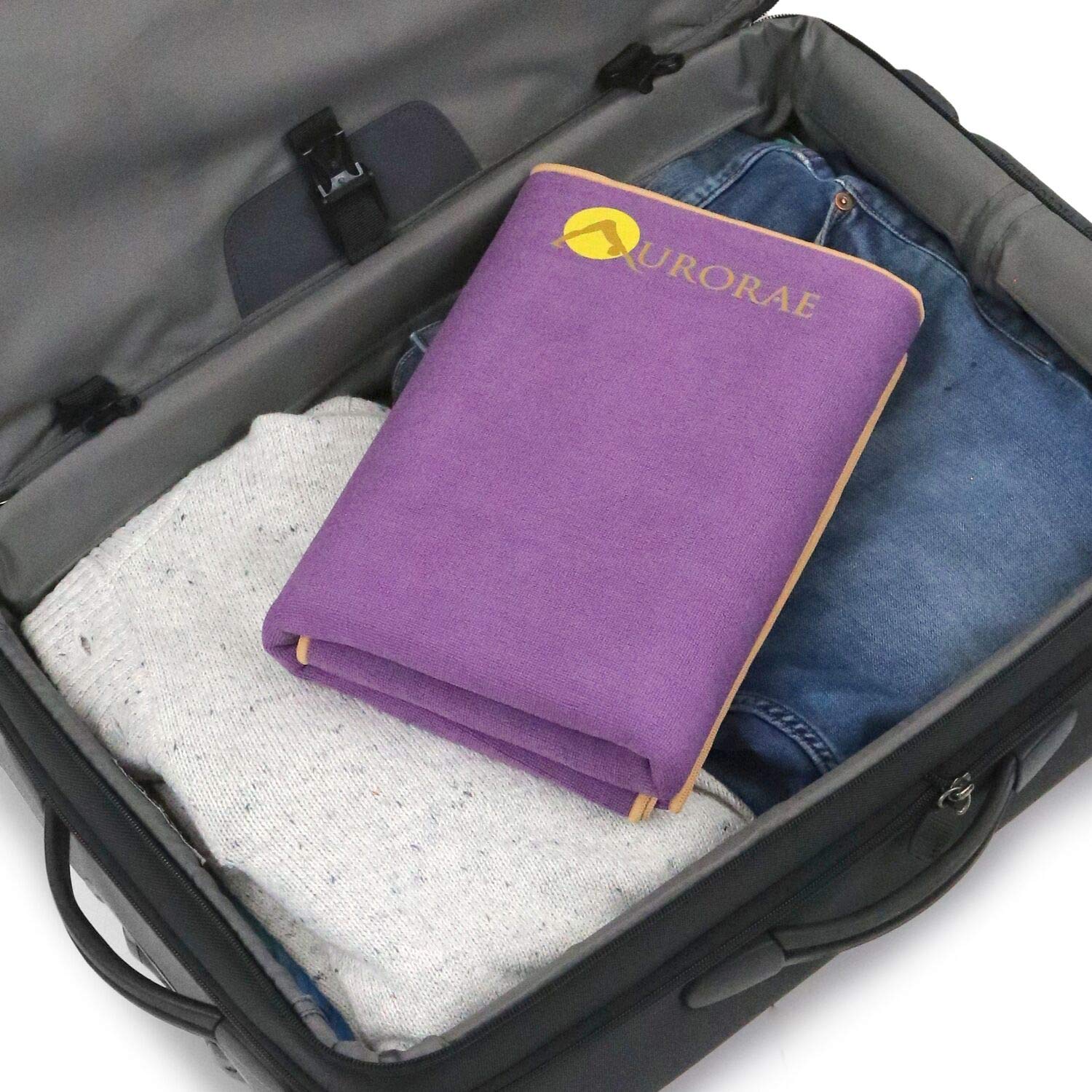 Aurorae Synergy Foldable On-the-Go Travel Yoga,Gym/Exercise Mat for Yogis on the Move with Integrated Microfiber Towel and Anti-Slip Patented 2-in-1 Technology. No Odor and No Bunching Amethyst