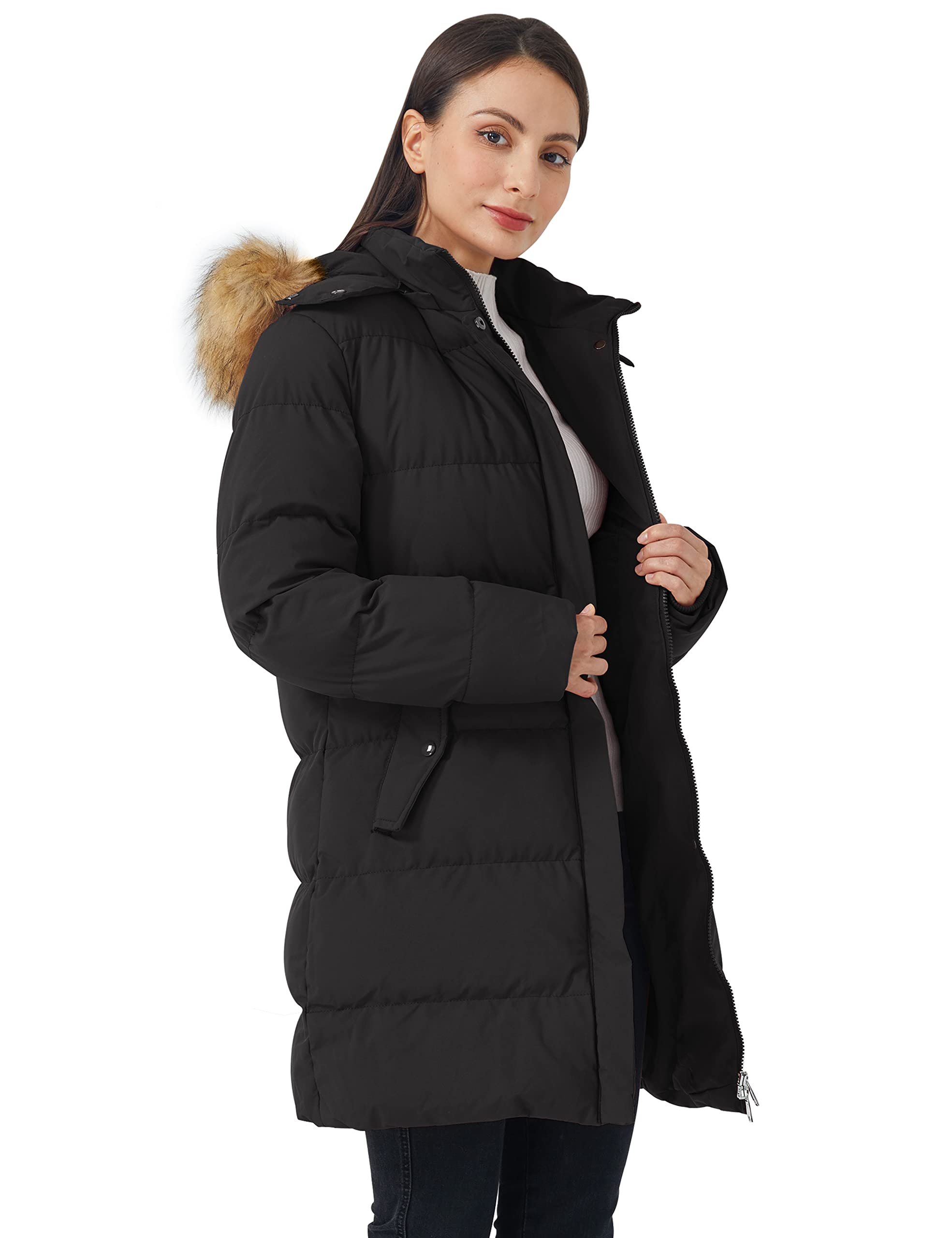 WenVen Women's Winter Thicken Warm Coat with Fur Removable Hood (Black, XL)