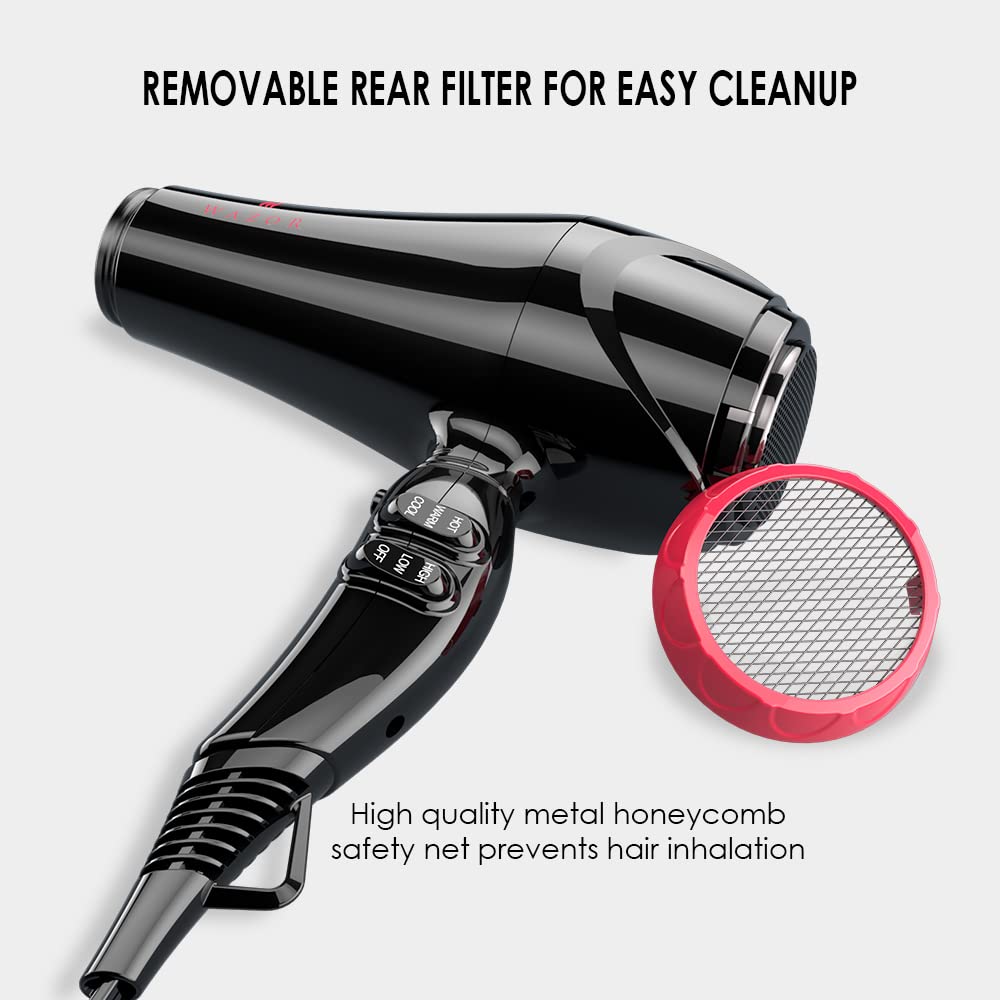 Wazor Ionic Lightweight Hair Dryer 1875W Ceramic Powerful Blow Dryer Pro AC Motor for Quick Drying, 2 Speed / 3 Heat Settings, Concentrator