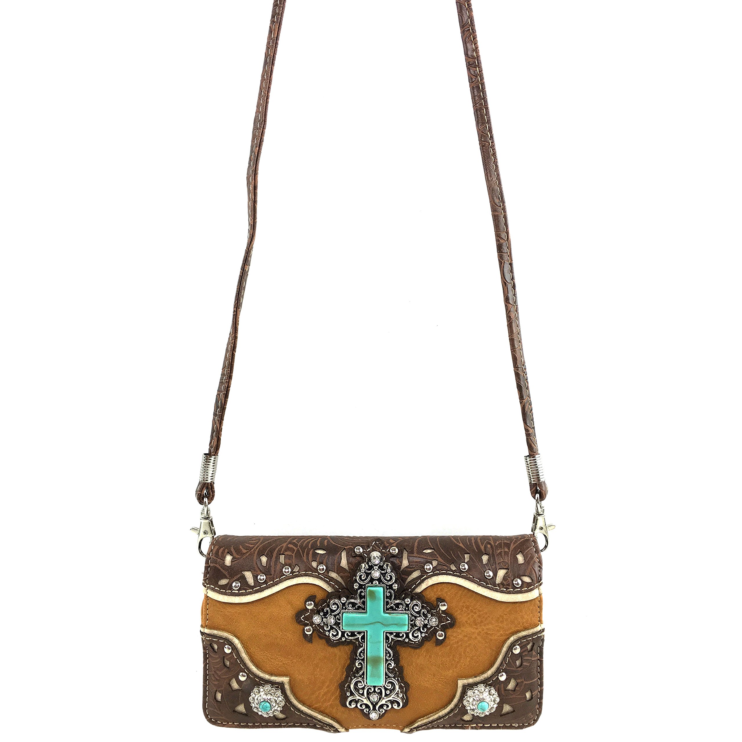 Justin West Western Tooled Laser Cut Turquoise Rhinestone Silver Cross Studded Shoulder Tote Handbag Purse (Tan Wallet)