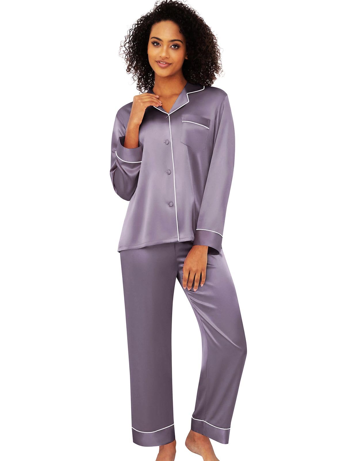 Lonxu Womens Silk Satin Pajamas Set Gray3XL Grey