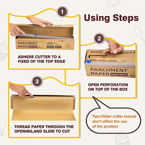 Unbleached Parchment Paper for Baking, 15 in x 210 ft, 260 Sq.Ft, Heavy Duty Baking Paper with Slide Cutter, Non-stick Brown Parchment Paper Roll for Cooking, Air Fryer, Steaming, Baking Bread