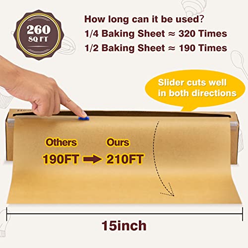 Unbleached Parchment Paper for Baking, 15 in x 210 ft, 260 Sq.Ft, Heavy Duty Baking Paper with Slide Cutter, Non-stick Brown Parchment Paper Roll for Cooking, Air Fryer, Steaming, Baking Bread