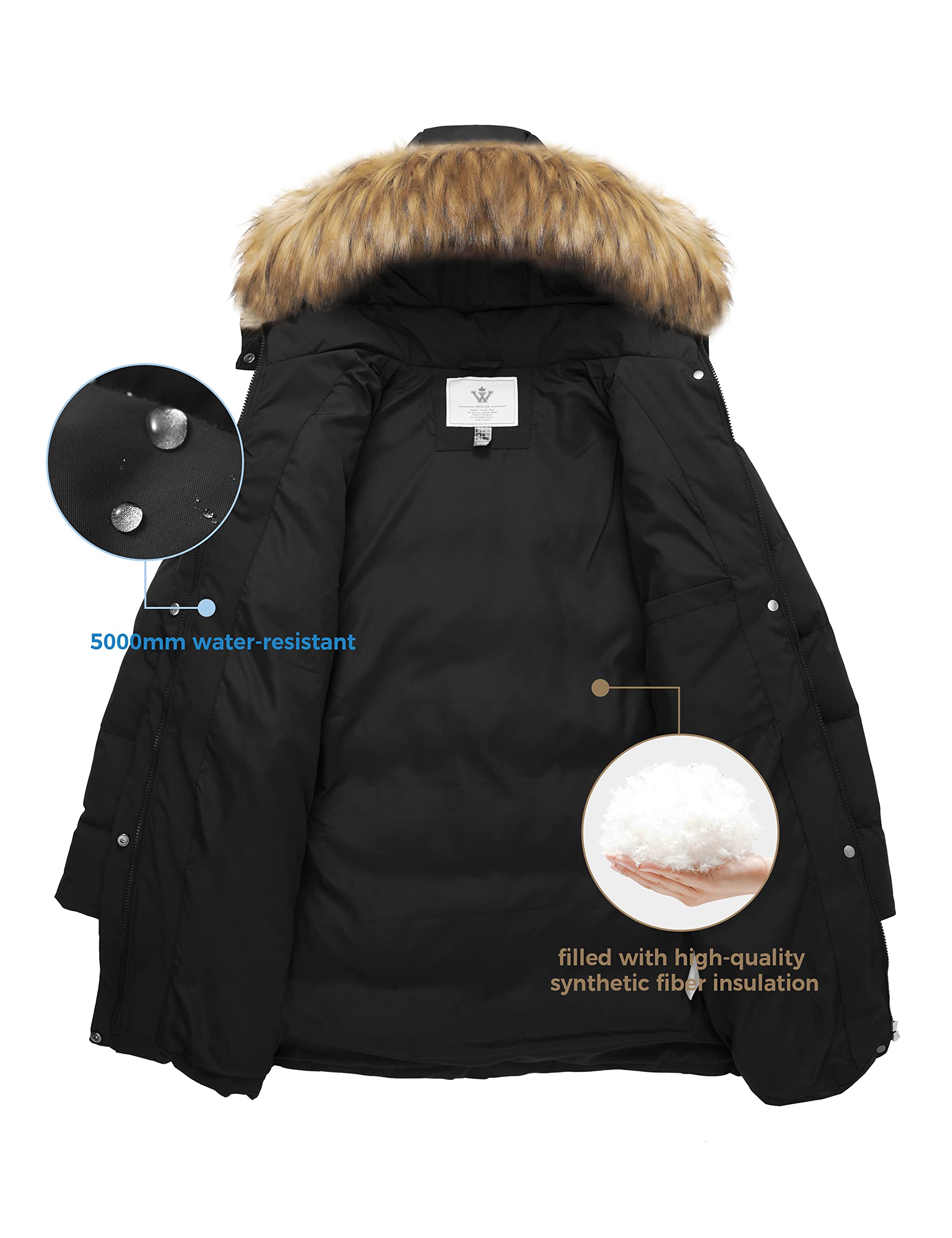 WenVen Women's Winter Thicken Warm Coat with Fur Removable Hood (Black, XL)