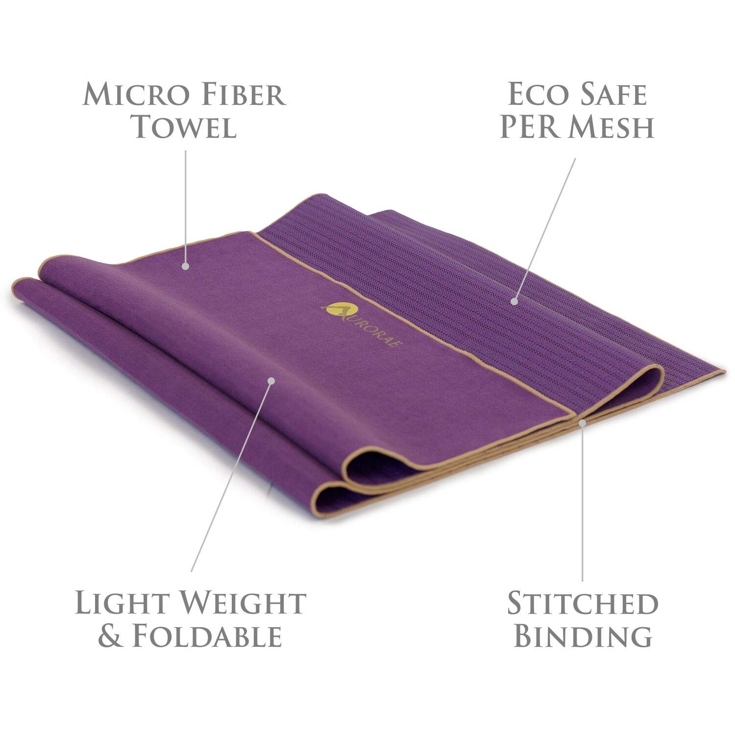 Aurorae Synergy Foldable On-the-Go Travel Yoga,Gym/Exercise Mat for Yogis on the Move with Integrated Microfiber Towel and Anti-Slip Patented 2-in-1 Technology. No Odor and No Bunching Amethyst