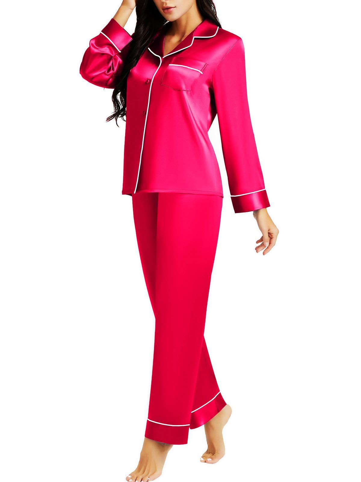 Womens Silk Satin Pajamas Set Sleepwear Loungewear Red 2XL