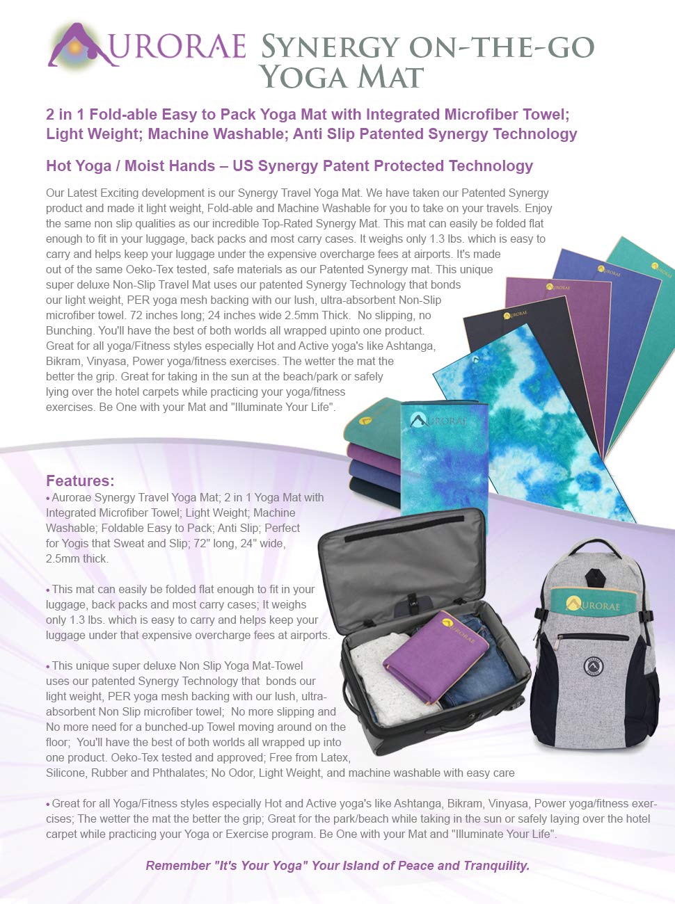 Aurorae Synergy Foldable On-the-Go Travel Yoga,Gym/Exercise Mat for Yogis on the Move with Integrated Microfiber Towel and Anti-Slip Patented 2-in-1 Technology. No Odor and No Bunching Amethyst