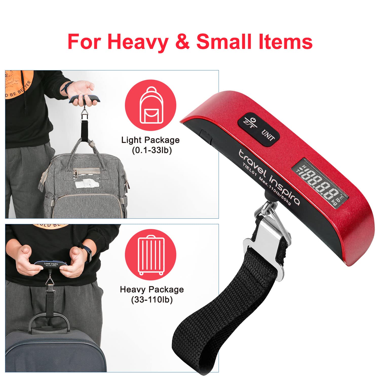 travel inspira Luggage Scale, Portable Digital Hanging Baggage Scale for Travel, Suitcase Weight Scale with Rubber Paint, 110 Pounds, Battery Included - Red
