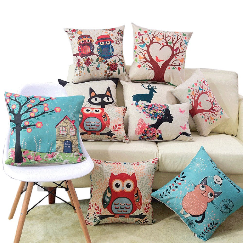 Bursonvic Cartoon Pattern Throw Pillow Case Cushion Cover Square Home Farmhouse/Modern Decorative Cotton Linen Pillowcase for Sofa/Bench/Couch (Fat Owl, 18" x 18")