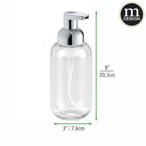 mDesign Set of 2 Refillable Soap Dispenser - Discreet Foaming Soap Dispenser - Chrome Soap Dispenser Bottle with Plastic Pump - Rust Free - Ideal for Kitchen or Bathroom - Clear/Chrome