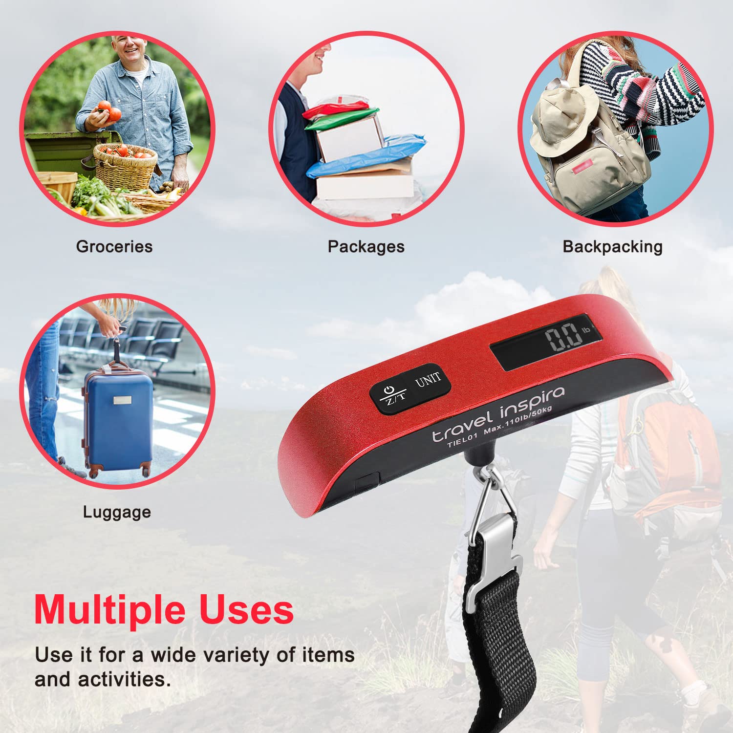 travel inspira Luggage Scale, Portable Digital Hanging Baggage Scale for Travel, Suitcase Weight Scale with Rubber Paint, 110 Pounds, Battery Included - Red