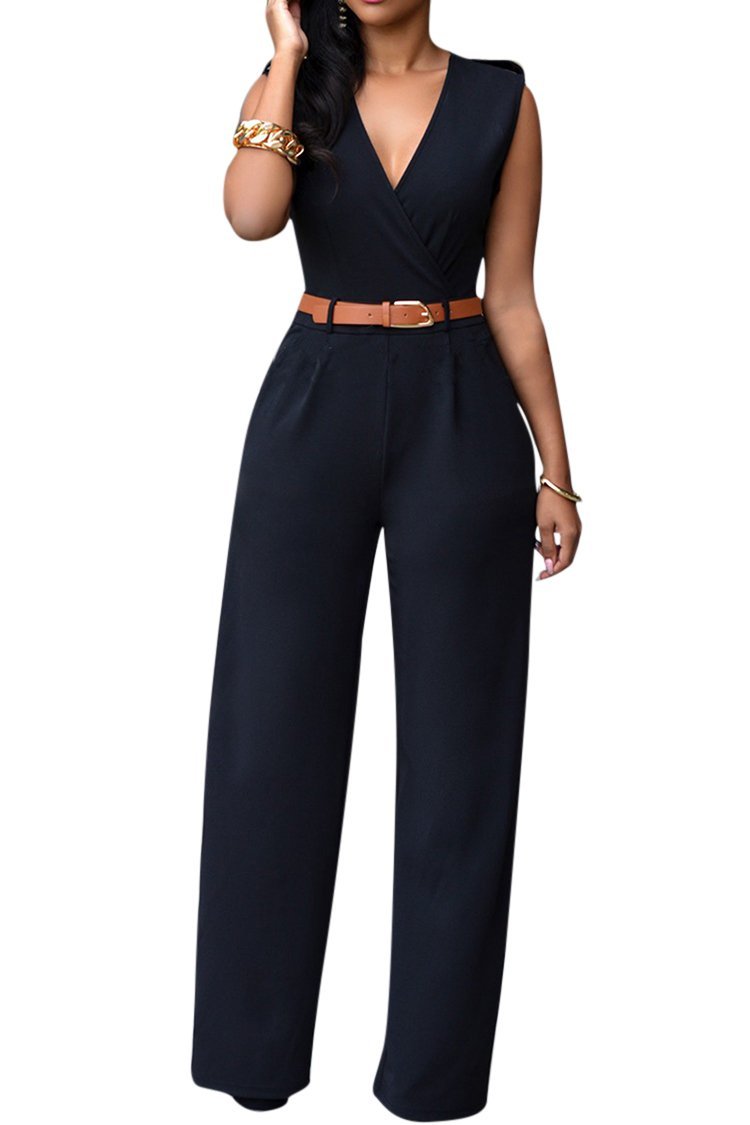 Pink Queen Women's Elegant V Neck Long Loose Belted Rompers Jumpsuits Black Large