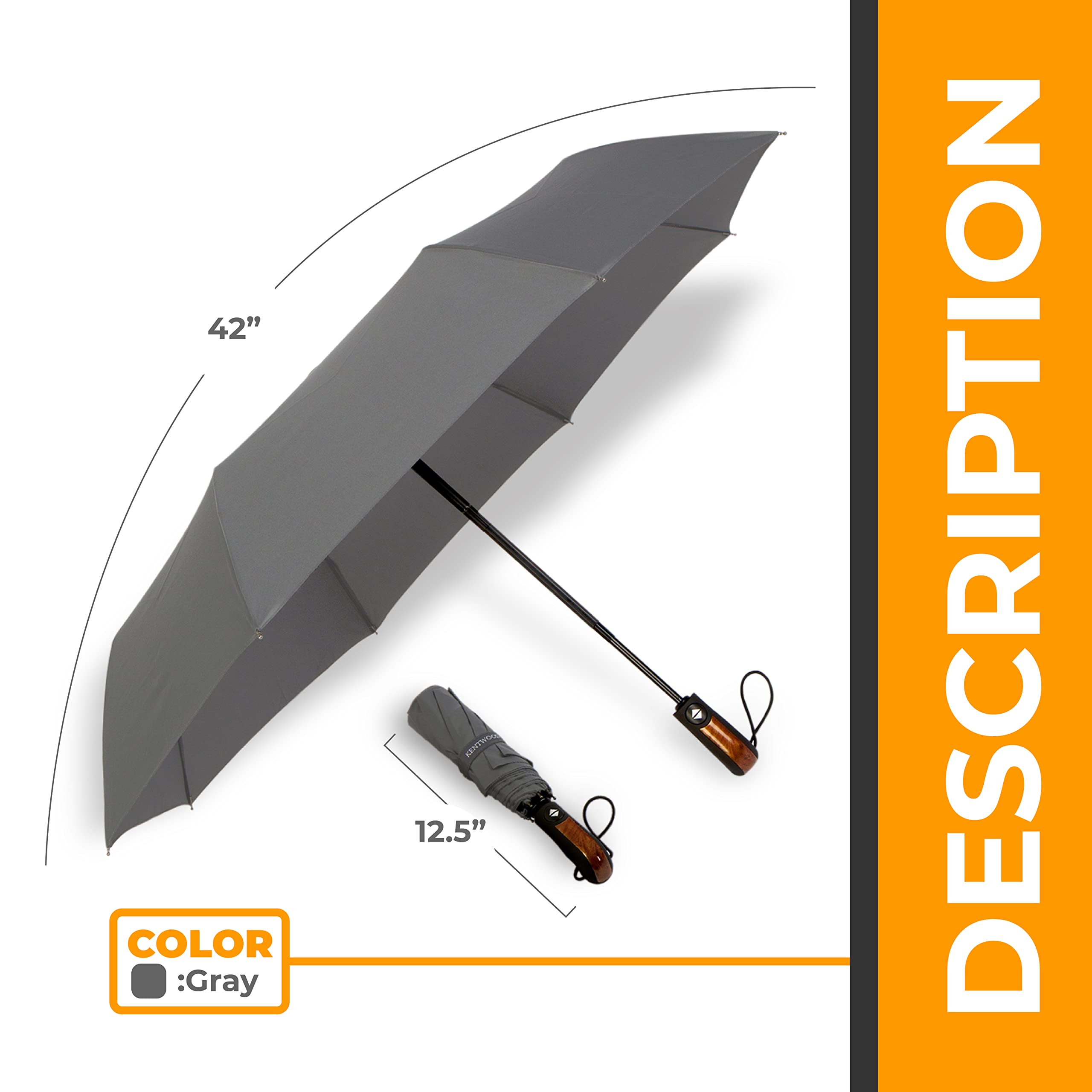 Windproof Teflon Coated Travel Umbrella - Auto Open/Close - Travel Stylish Lightweight Design for Women/Men (Gray)