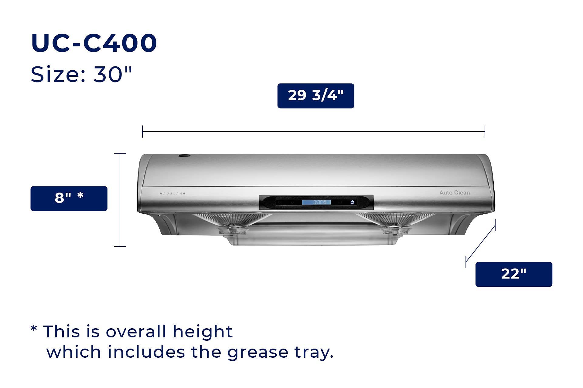 Hauslane | Chef Series 30” C400 Range Hood Slim Under Cabinet Kitchen Extractor - Stainless Steel Design with Self Cleaning - 6-Speed Setting Exhaust Fan and Halogen Lamp - 3-Way Venting