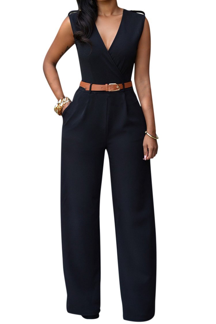 Pink Queen Women's Elegant V Neck Long Loose Belted Rompers Jumpsuits Black Large