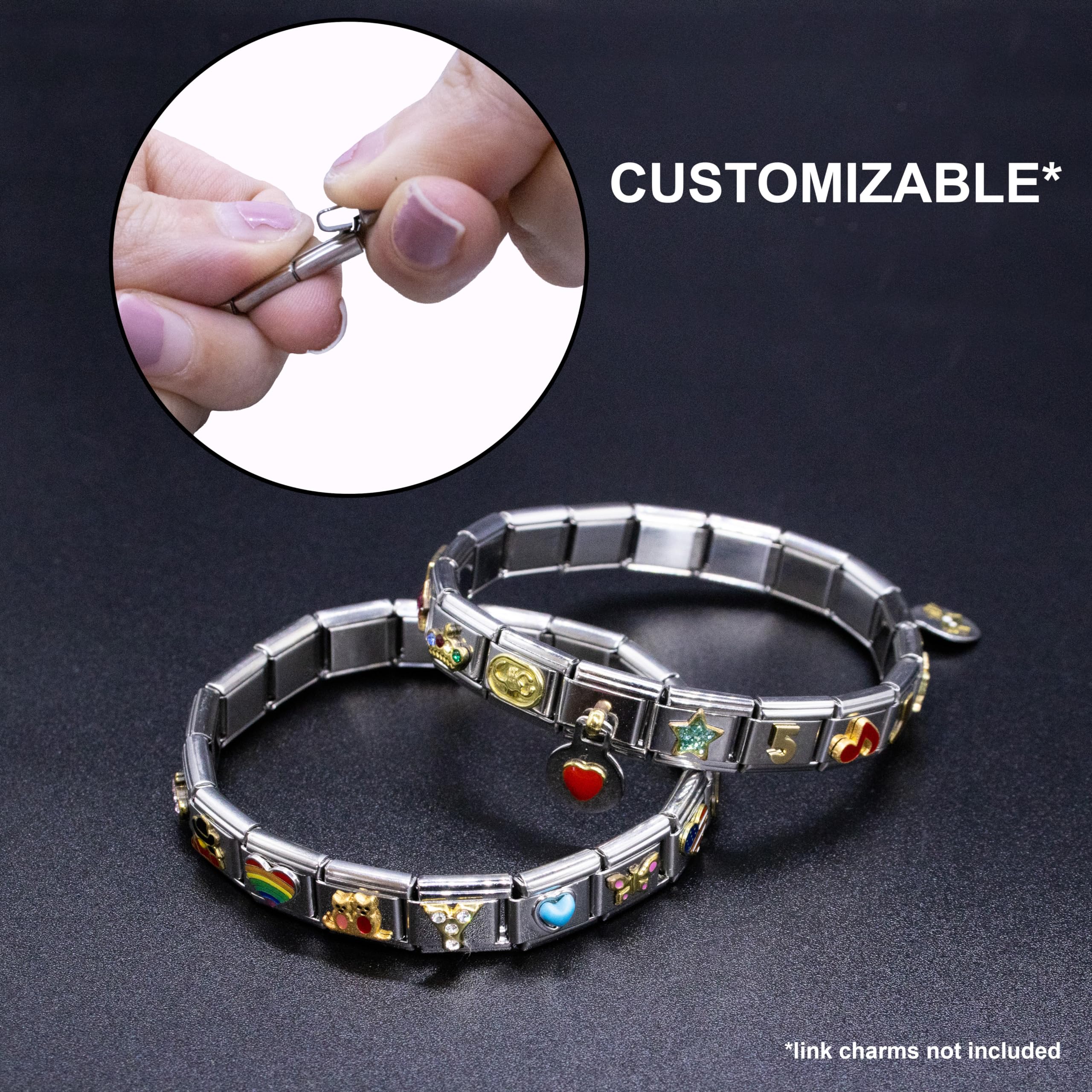 Fablinks Italian Charm Bracelet, 9mm 304 Stainless Steel Charms Link Starter Bracelets for Women, Silver Modular Nomination Jewelry for Men with Tool and 3 Extra Links
