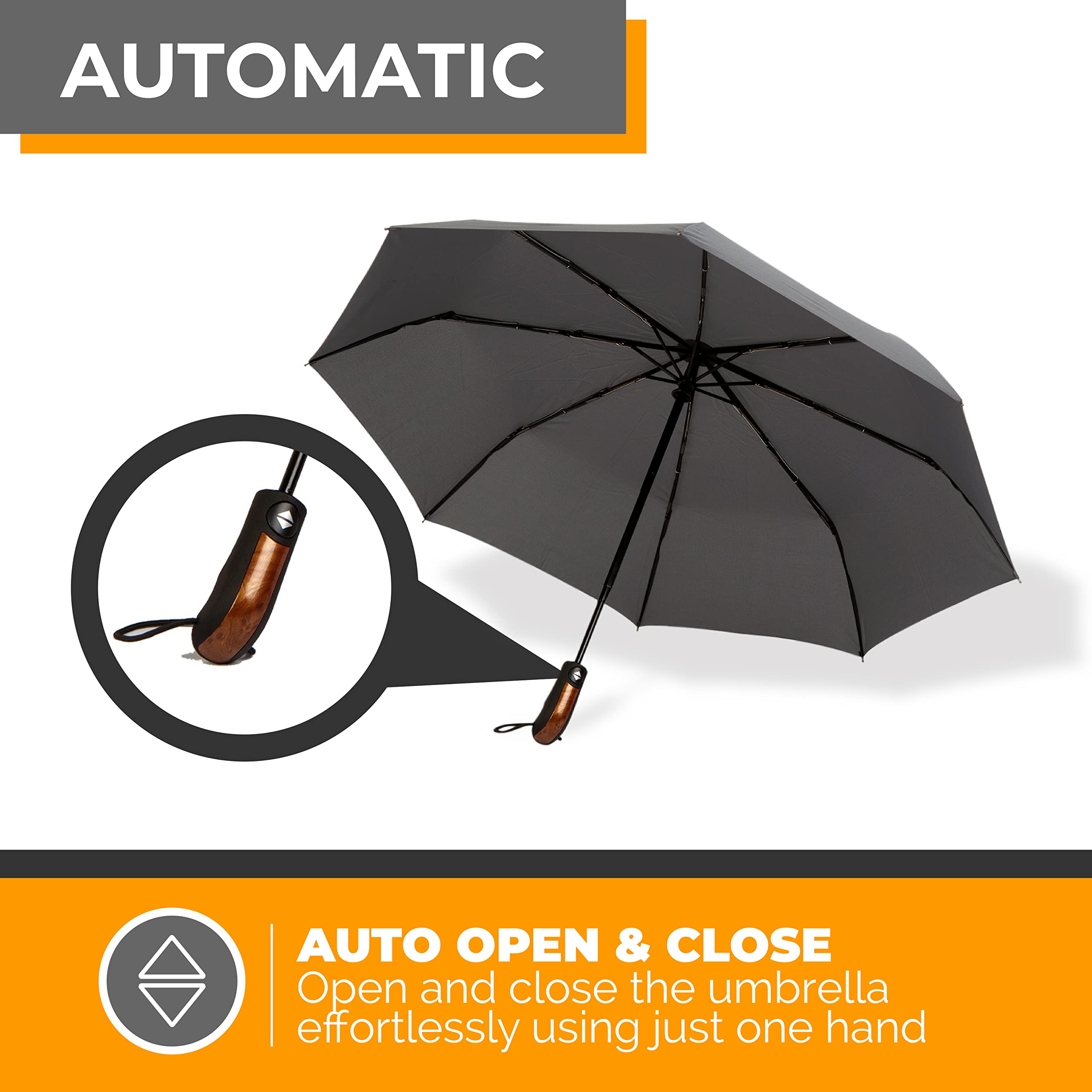 Windproof Teflon Coated Travel Umbrella - Auto Open/Close - Travel Stylish Lightweight Design for Women/Men (Gray)