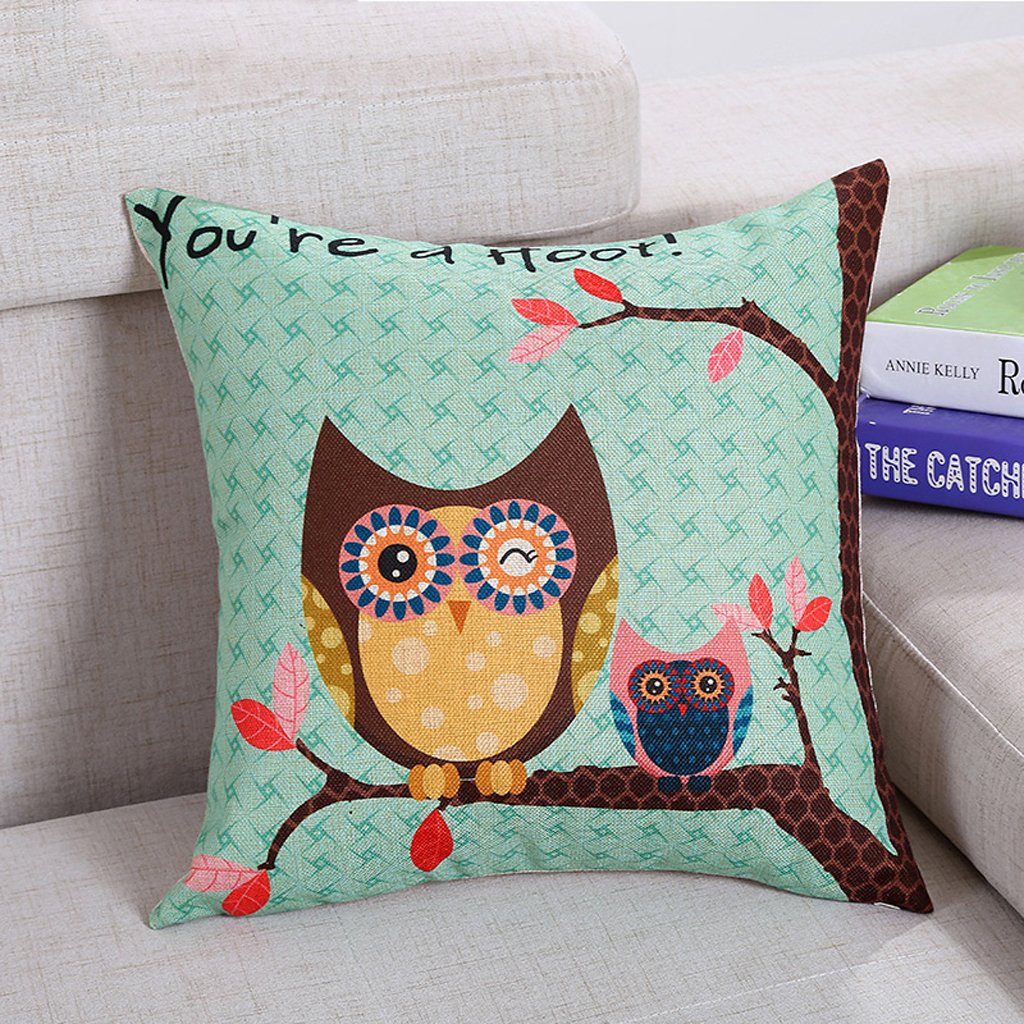 Bursonvic Cartoon Pattern Throw Pillow Case Cushion Cover Square Home Farmhouse/Modern Decorative Cotton Linen Pillowcase for Sofa/Bench/Couch (Owl Father-Son, 18" x 18")