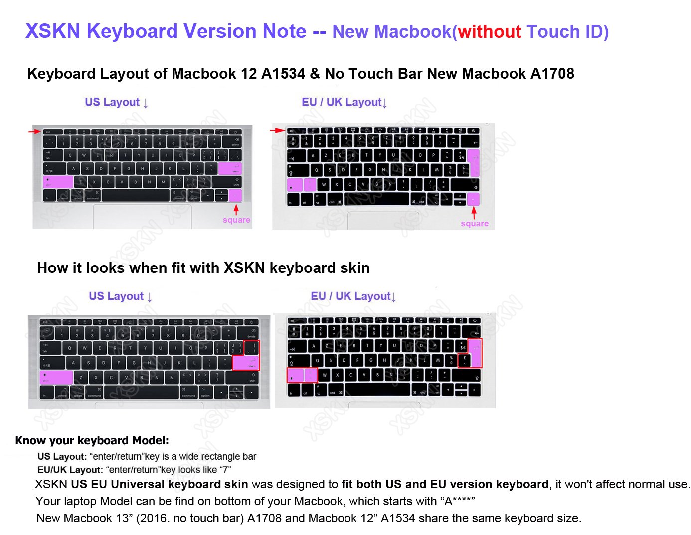XSKN 2016 Shortcut Design Series Keyboard Skin Cover for New MacBook 12" (2015 Model A1534) and New MacBook Pro 13" (2016 Newest Version Model A1708, No Touch Bar), US&EU Version (Ableton)