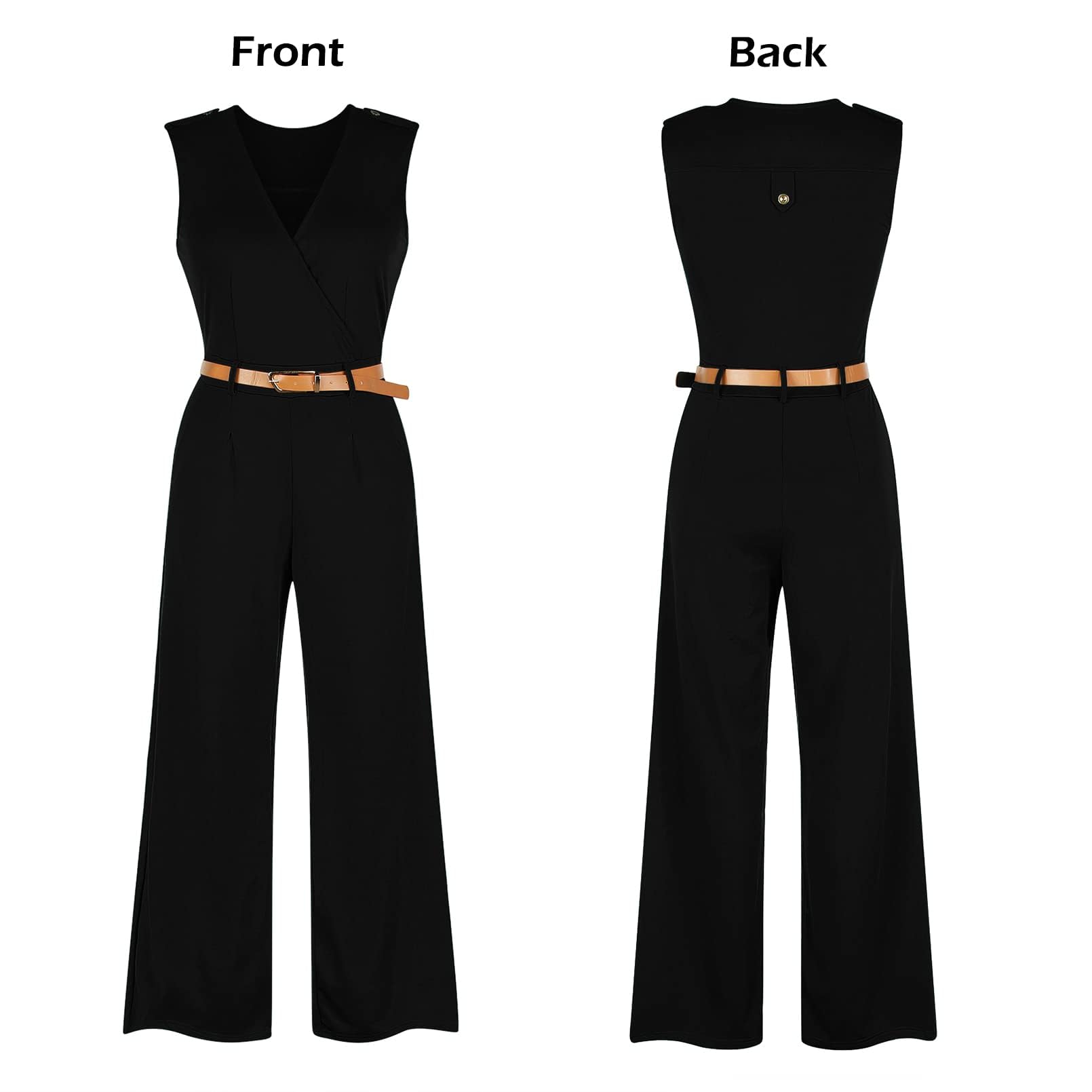 Pink Queen Women's Elegant V Neck Long Loose Belted Rompers Jumpsuits Black Large