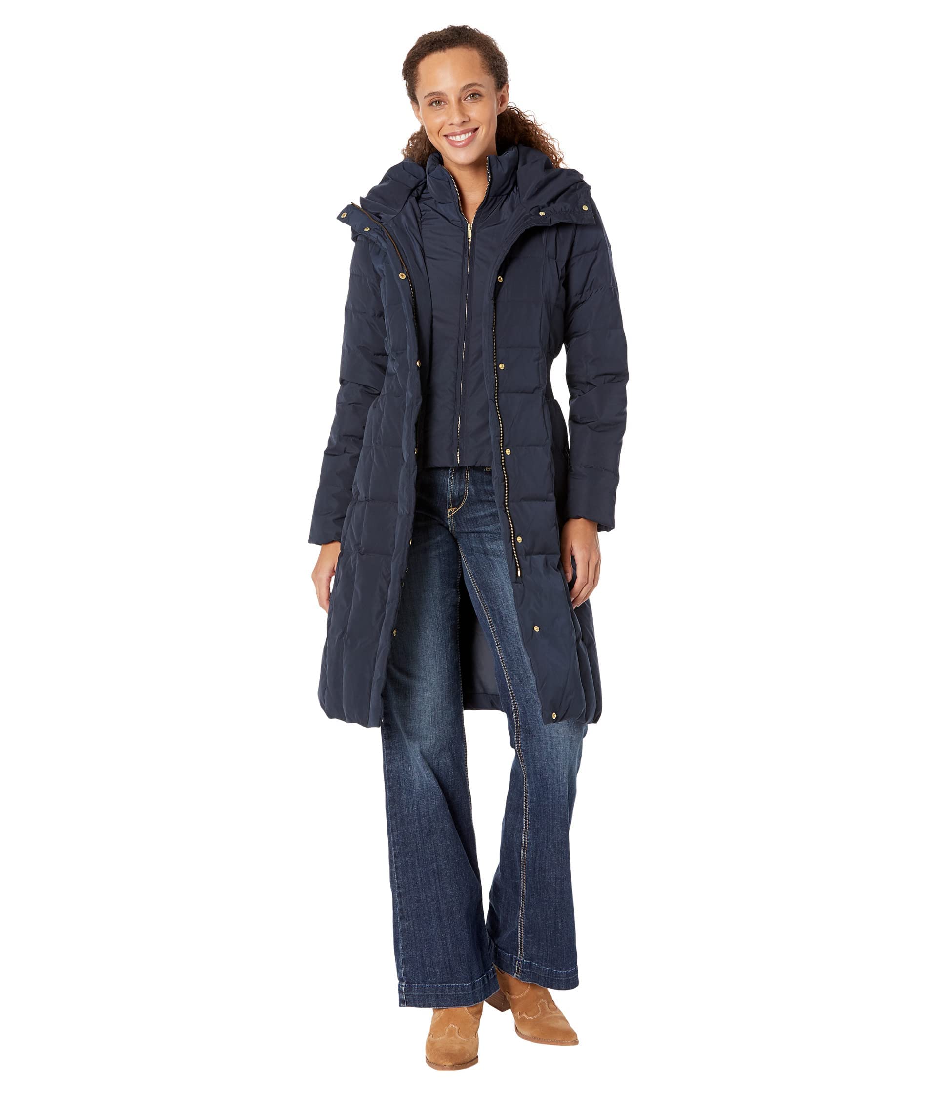 Cole Haan womens Taffeta With Bib Front and Dramatic Hood Down Alternative Outerwear Coat, Deep Navy, Medium US
