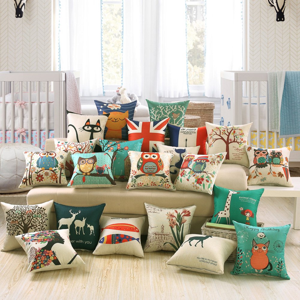Bursonvic Cartoon Pattern Throw Pillow Case Cushion Cover Square Home Farmhouse/Modern Decorative Cotton Linen Pillowcase for Sofa/Bench/Couch (Mr. Owl, 18" x 18")