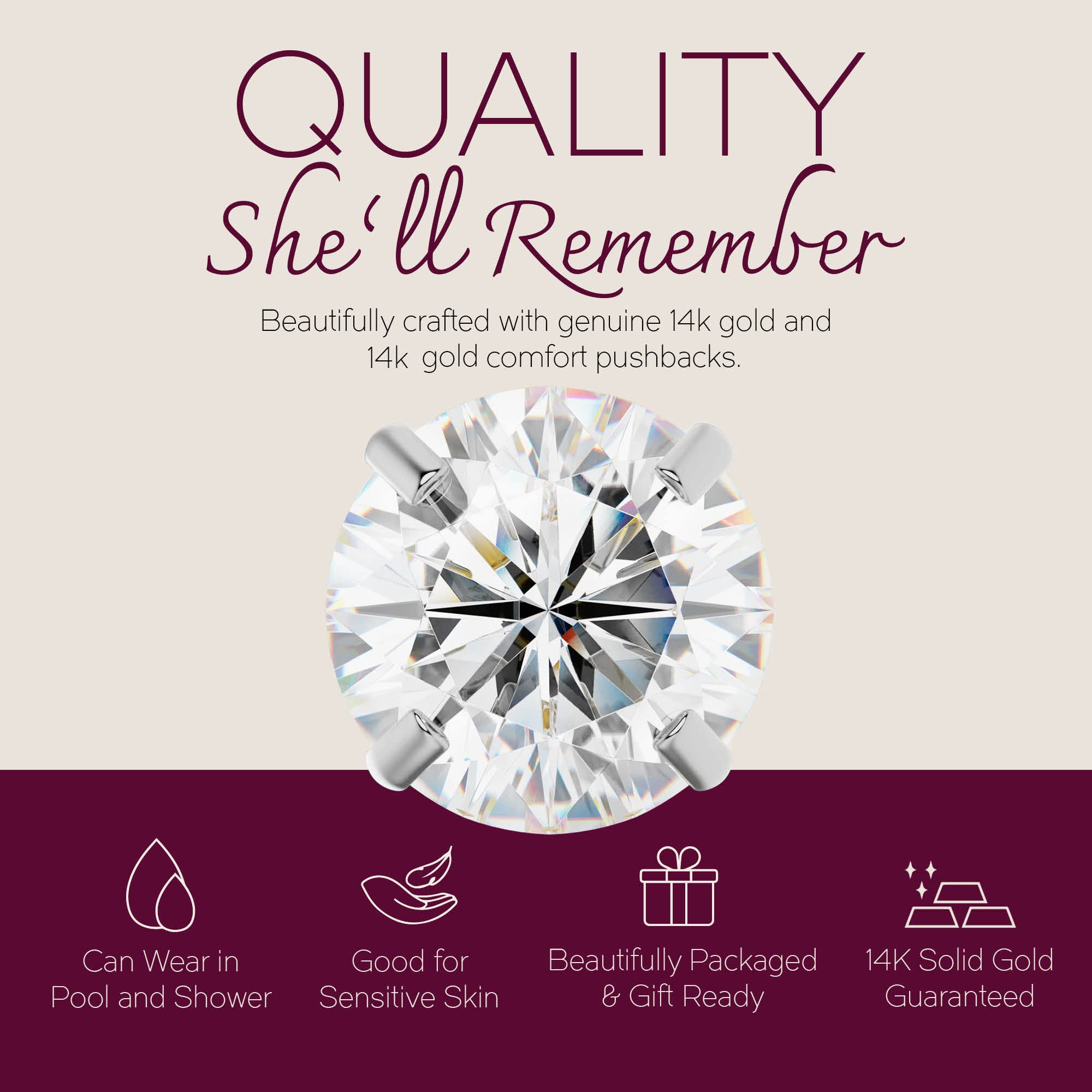 14k White Gold Solitaire AAA Cubic Zirconia Stud Earrings with Secure Screw-backs, CZ Screw Back Earrings for Women (3mm)