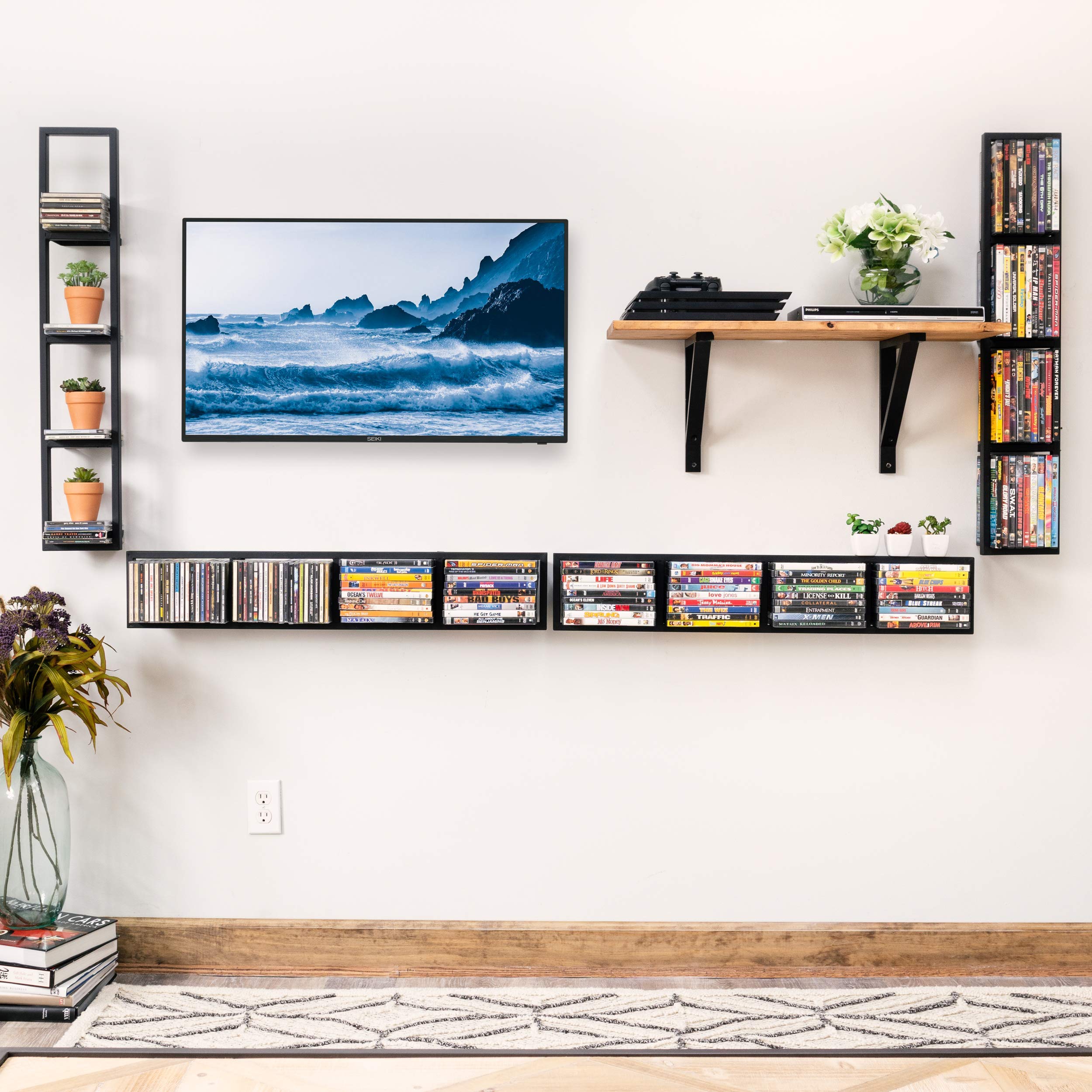 YouHaveSpace CD DVD Storage Shelf for Wall, 34 Inch Cube Storage Media Shelf and Video Game Organizer, Metal Black Wall Shelf