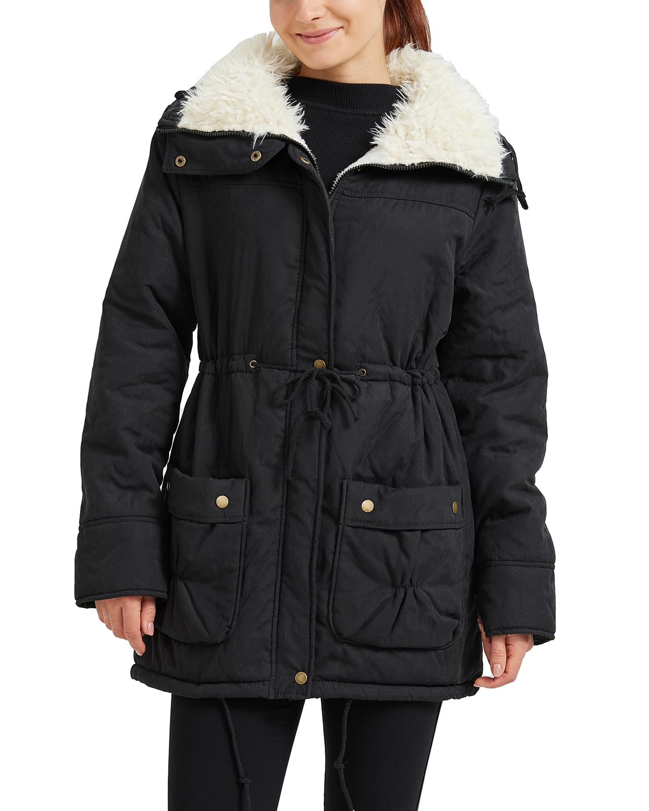 MEWOW Women's Winter Mid Length Thick Warm Faux Lamb Wool Lined Jacket Coat (XL, Black)