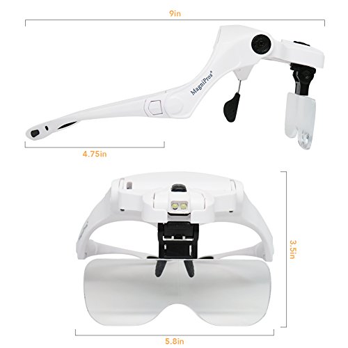 MagniPros LED Illuminated Headband Magnifier Visor | 2 Powerful LED Lights | 5 Detachable Lenses 1X, 1.5X, 2X, 2.5X 3.5X - Hands-Free Lighted Magnifying Glasses for Crafts, Hobbies, Cross Stitch