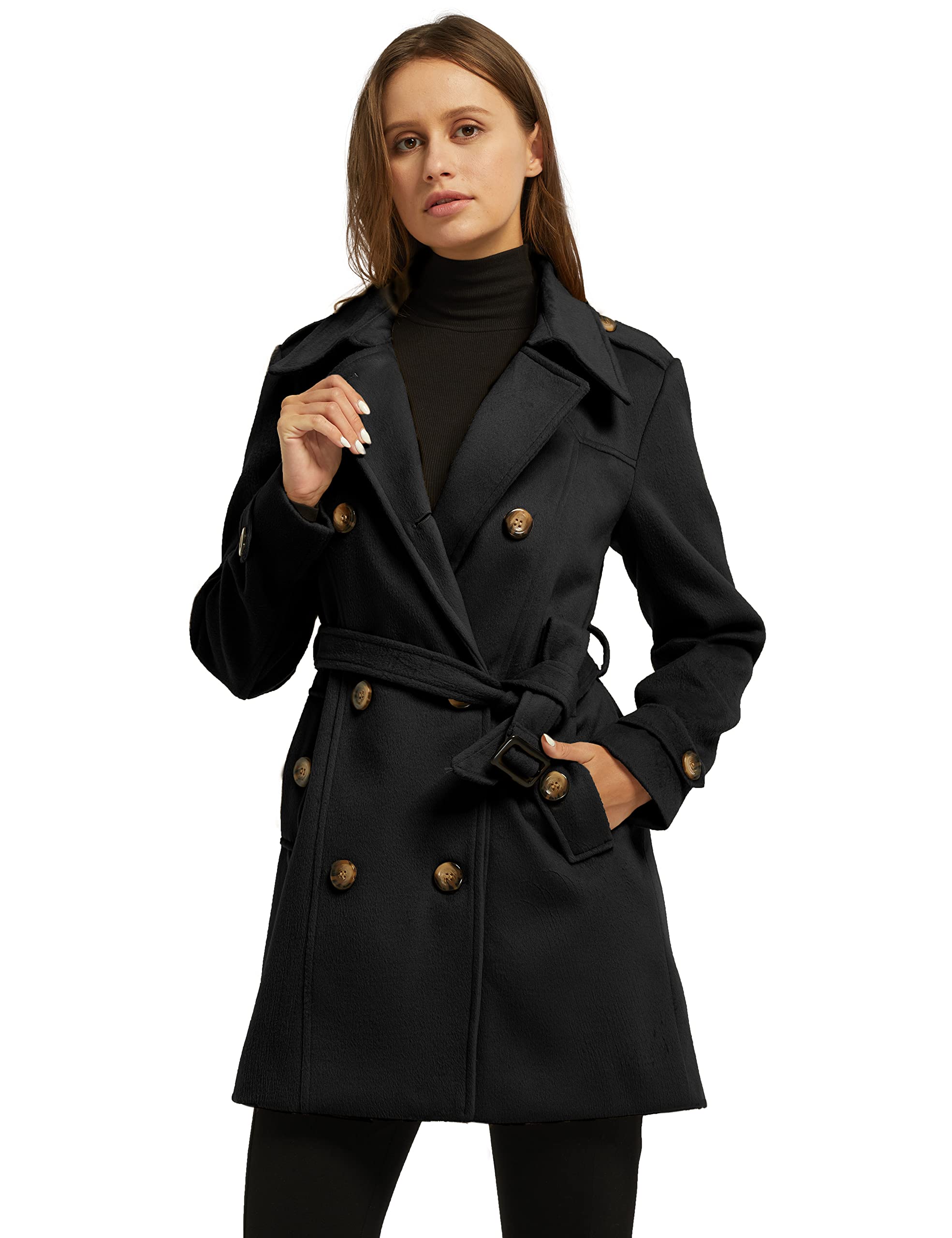 wantdo Women's Double Breasted Pea Coat Winter Jacket with Belt Black Small