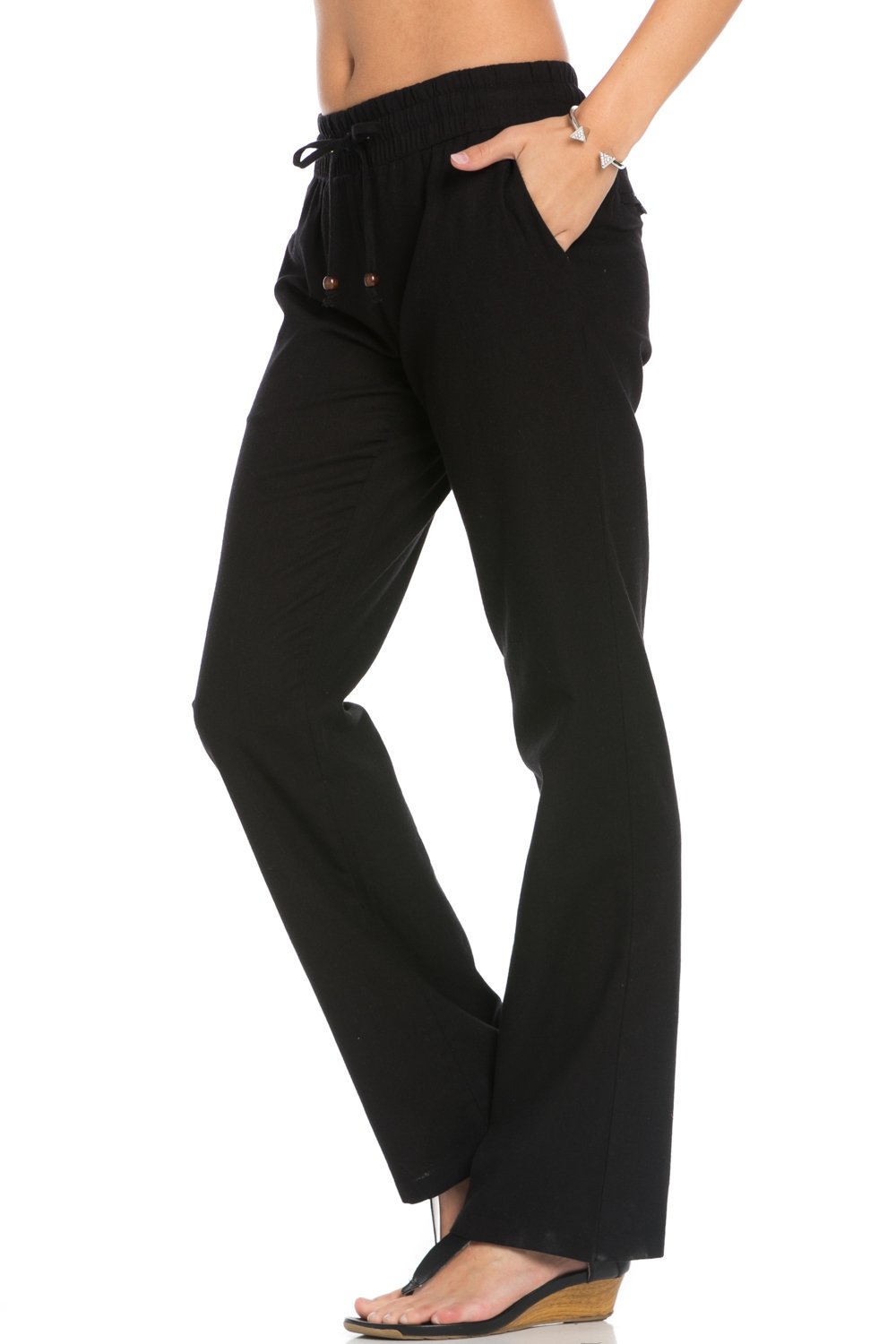 Poplooks Women's Comfy Elastic Waistband Drawstring Linen Pants (XX-Large, Black)
