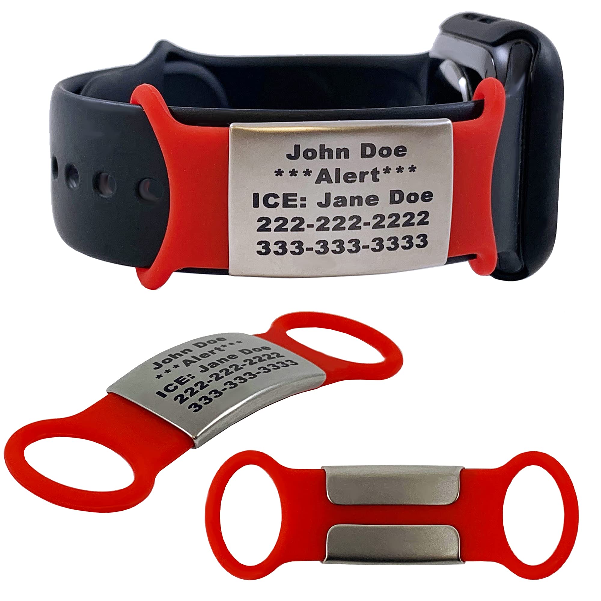 Multi-Purpose Waterproof Red Safety Alert ID Bracelet - Free Engraving - Hypoallergenic Silicone Attachment with 30mm Plate - Runners ID - Fitness ID - Triathletes ID - Religious ID - ID Bracelet