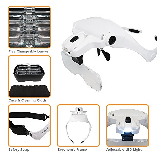 MagniPros LED Illuminated Headband Magnifier Visor | 2 Powerful LED Lights | 5 Detachable Lenses 1X, 1.5X, 2X, 2.5X 3.5X - Hands-Free Lighted Magnifying Glasses for Crafts, Hobbies, Cross Stitch