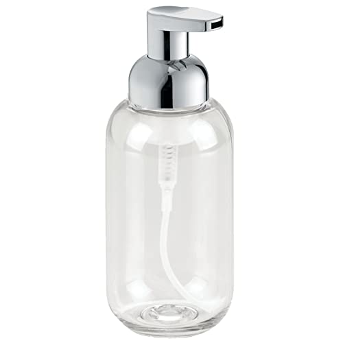 mDesign Set of 2 Refillable Soap Dispenser - Discreet Foaming Soap Dispenser - Chrome Soap Dispenser Bottle with Plastic Pump - Rust Free - Ideal for Kitchen or Bathroom - Clear/Chrome