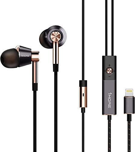 1MORE Triple-driver Headphones In-Ear Hi-Res Audio Earphones with Microphone and Remote Control Lightning Connector for iPhone7 iPhone 8 iPhone X, iPad & iPod - E1001L Gold