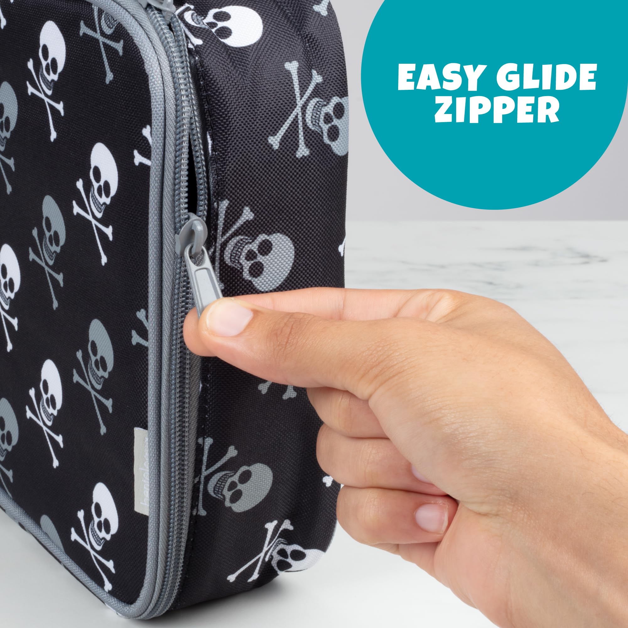 Bentology Lunch Box for Boys- Kids Insulated, Durable Lunchbox Tote Bag Fits Bento Boxes, Containers, Jars & Water Bottles- Reusable School Lunch Sleeve Keeps Food Hotter or Colder Longer-Pirate Skull