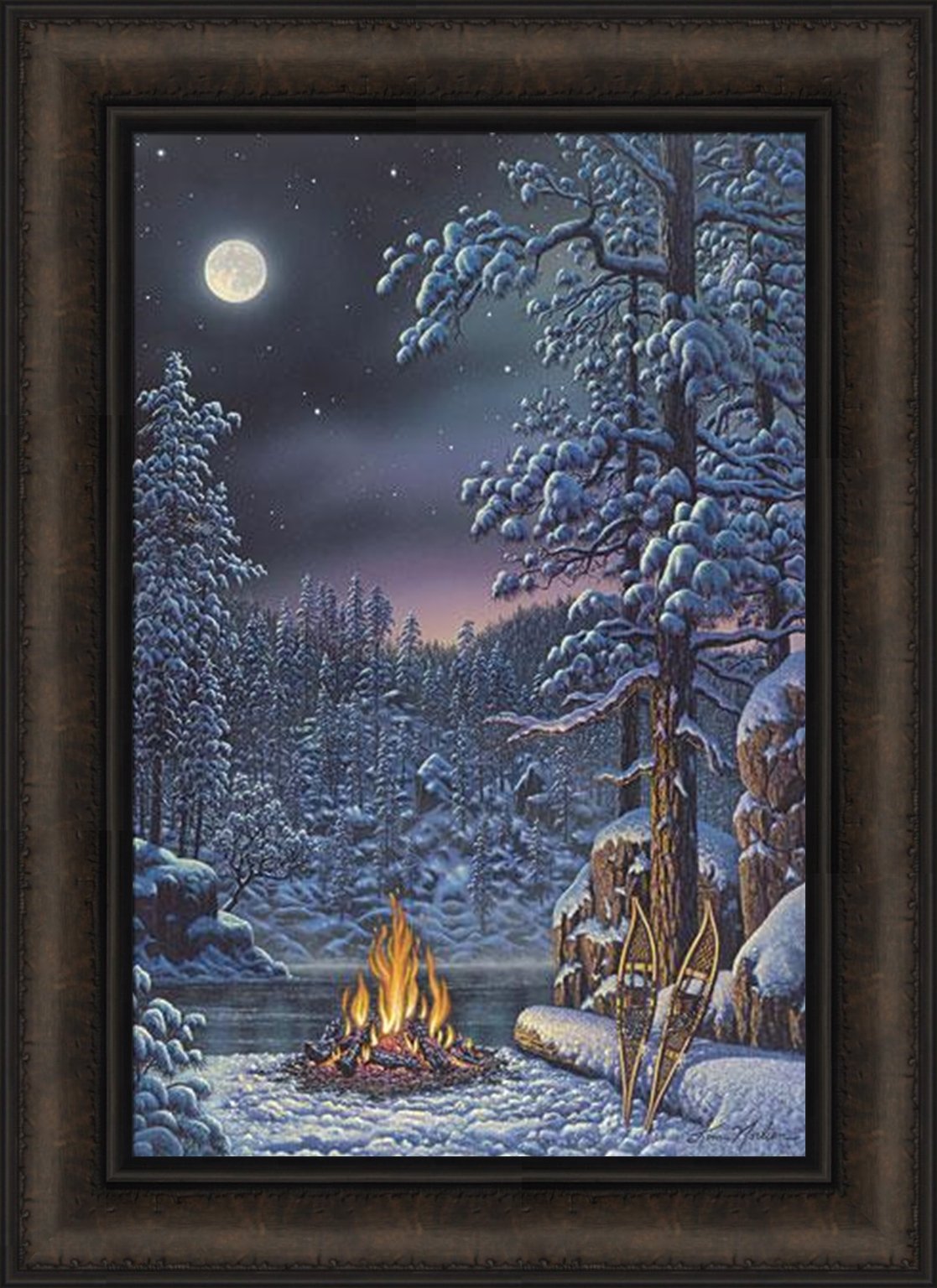 Home Cabin DΓ©cor Fire & Ice by Kim Norlien 16x22 Northern Lights Winter Night Stars Lake Campfire Snow Shoes Full Moon Framed Art Print Picture