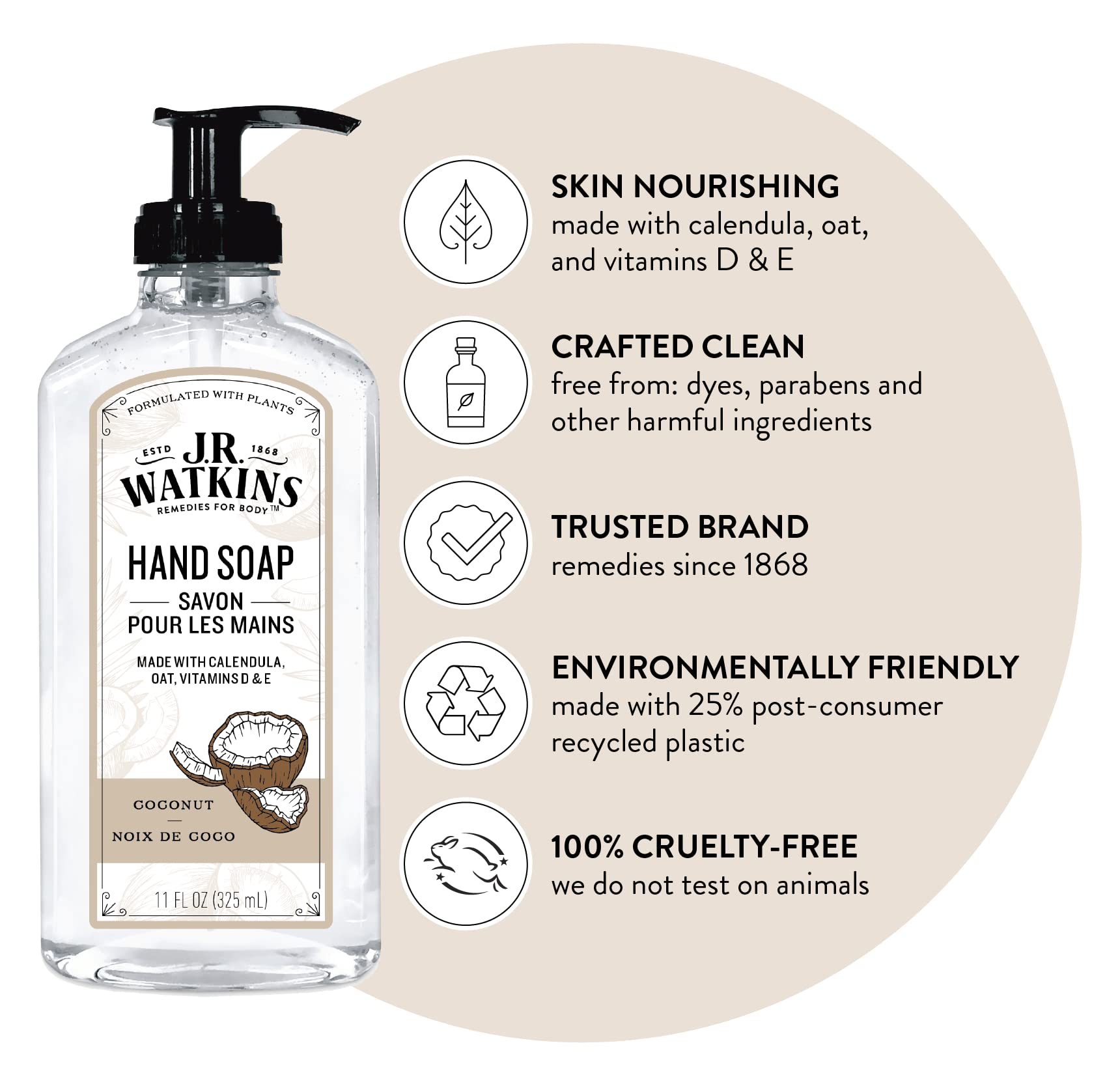 J.R. Watkins Gel Hand Soap, Scented Liquid Hand Wash for Bathroom or Kitchen, USA Made and Cruelty Free, 11 fl oz, Coconut, 6 Pack
