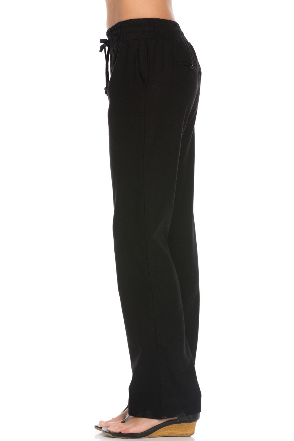 Poplooks Women's Comfy Elastic Waistband Drawstring Linen Pants (XX-Large, Black)